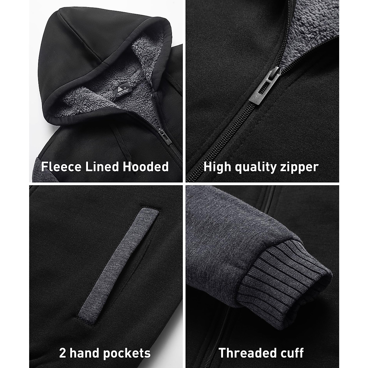 SCODI Hoodies for Men Heavyweight Fleece Sweatshirt - Full Zip Up Thick Sherpa Lined Black Grey XL