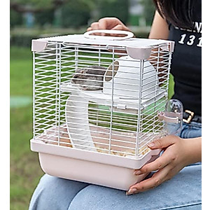 Misyue Dwarf Hamster Travel Portable Carrier Cage 2-Floors Syrian Hamster Home House Rodent Habitat Cage for Dwarf Hamster,Ferrets, Gerbil(Light Pink)