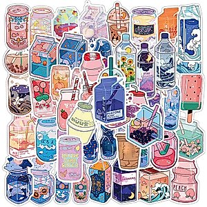 Bric Dodo 50Pcs Kawaii Cartoon Beverage Stickers Aesthetic Trendy Laptop Water Bottles Phone Skateboard Computer Cute Summer Flavored Drink Vinyl Sticker Waterproof Decal for Teens Boys Girls Adults
