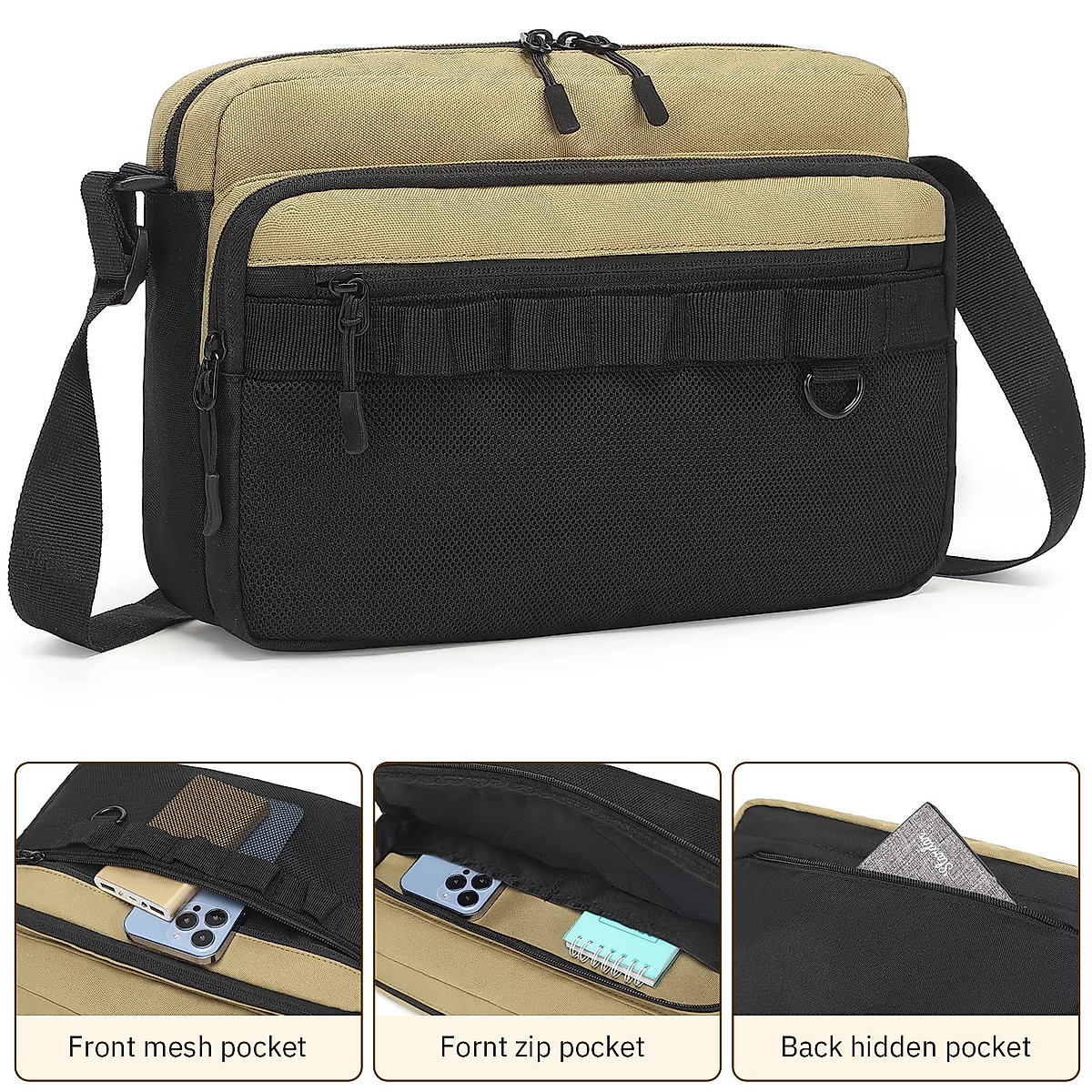 El-fmly Messenger Bag for Men Women, Multi-pocket Crossbody Shoulder Bag for Daily Use, Outdoor, Sports, Travel (Kaki)