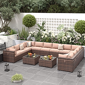 Amopatio Outdoor Patio Furniture Set, 14 Pieces PE Wicker Pit Sectional Sofa with Khaki Cushions, Coffee Tables, All-Weather Covers, Patio Conversation Sets Fits Patio Deck Balcony Yard