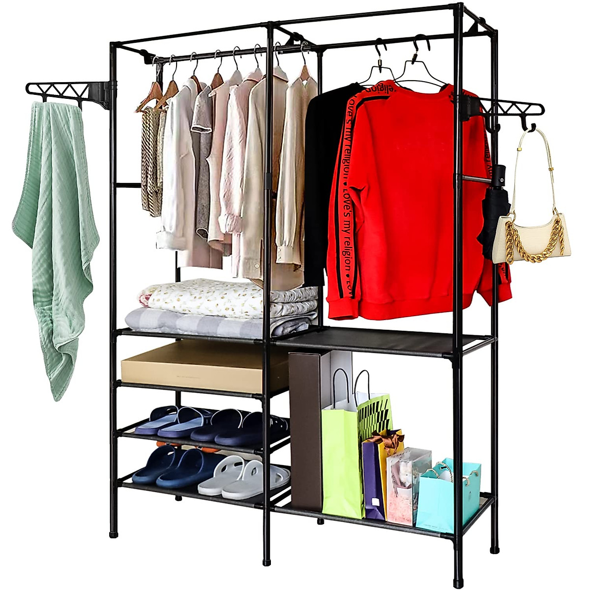 Clewiltess Garment Freestanding Clothes Organizer Closet, Metal Hanging Storage Organizer Rack Wardrobe with Shelves& Hanging Rods,Clothes Hanger Organizer (Black)