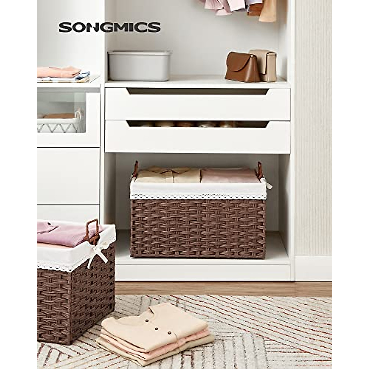 SONGMICS Laundry Basket, Laundry Hamper with 2 Removable Liner Bags & 3 Mesh Laundry Bags, 75L Sturdy Tall Laundry Bin, Freestanding Clothes Hamper with Handles, for Bathroom Dorm, Brown URST375K01