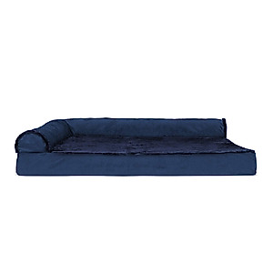 Furhaven Orthopedic Dog Bed for Large Dogs w/ Removable Bolsters & Washable Cover, For Dogs Up to 95 lbs - Plush & Velvet L Shaped Chaise - Deep Sapphire, Jumbo/XL