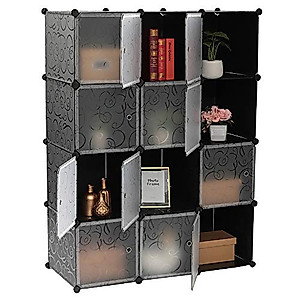 VINGLI Cube Storage, 12 Cube Organizer Shelves, Plastic Closet Cabinet, DIY Modular Storage Cube Organizer with Doors for Bedroom Living Room Office, Black
