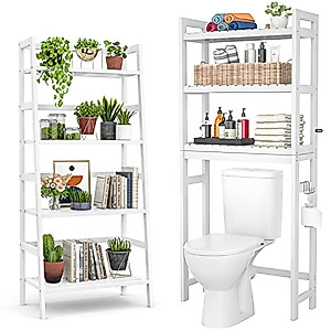 Homykic Bamboo Over The Toilet Storage and Ladder Shelf Bundle, White