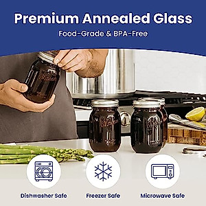 Wallaby 16oz Regular Mouth Amber Mason UV-Blocking Jars with Lid & Seal Bands - Airtight Glass Container for Canning, Pickling, Food Storage, Candles, Overnight Oats, Fruit, Jam, Jelly or DIY (4-Pack)