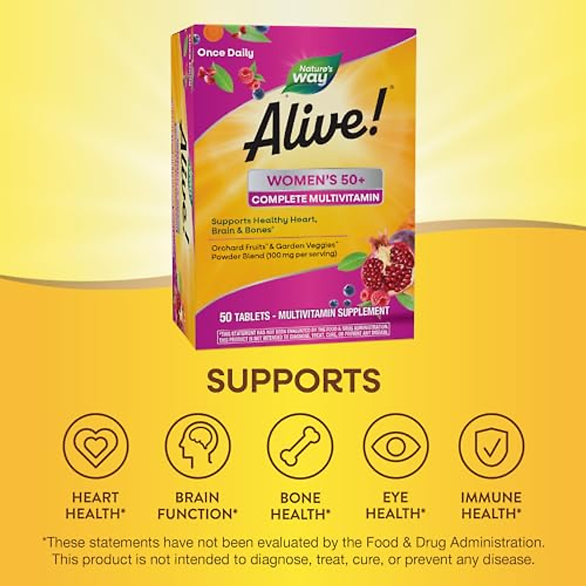 Nature's Way Alive! Women's 50+ Complete Multivitamin, Supports Healthy Heart, Brain, Bones*, B-Vitamins, Gluten-Free, 50 Tablets (Packaging May Vary)