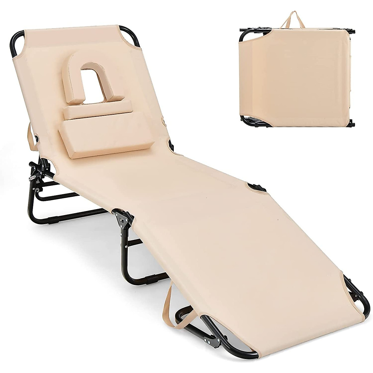 Giantex Chaise Folding Chair Adjustable Beach Patio Lounge Recliner, Beige