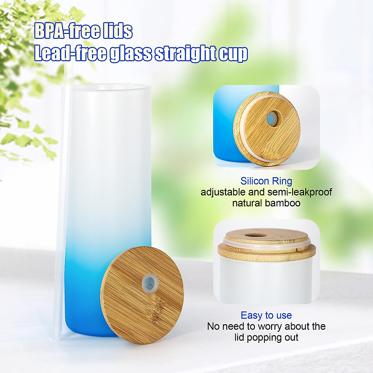 AGH 25 oz Sublimation Glass with Bamboo Lid, 6 Pack Frosted Sublimation Beer Can Glass, Gradient Color Material, Suitable for Beer, Juice, Ice Water, Drinks, Etc.