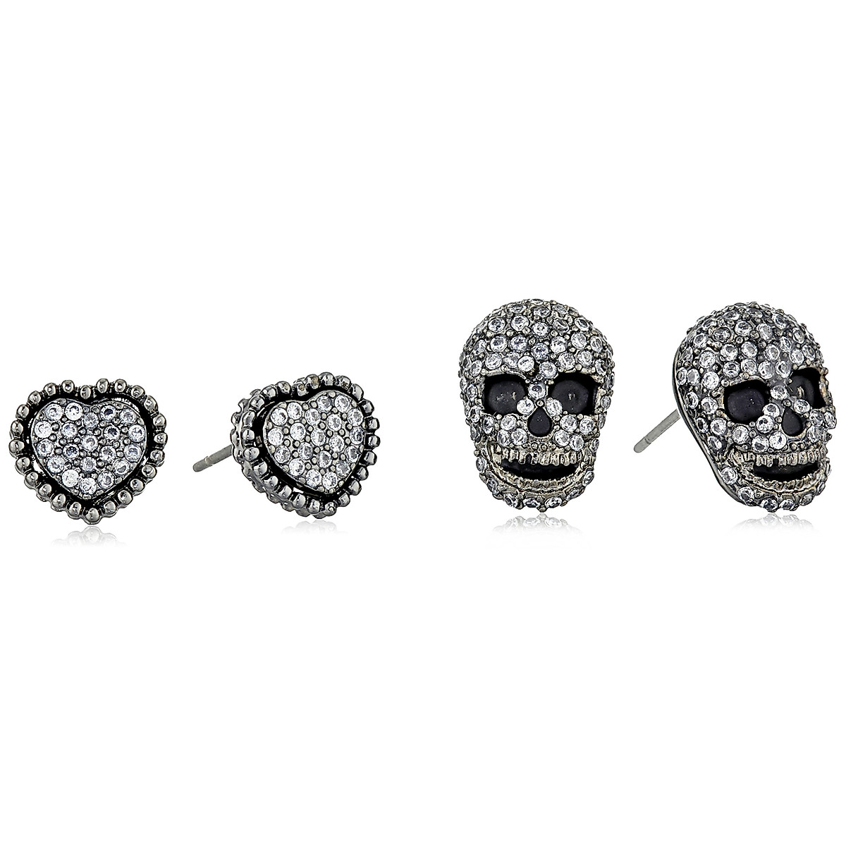 Betsey Johnson CZ Pave Heart & Skull Duo Set of Stud Earrings