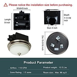 Akicon Bathroom Exhaust Fan with Light, Ultra Quiet 110 CFM 1.5 Sones Ventilation Exhaust Bathroom Fan Light Combo and Nightlight, 3 Years Warranty (Brushed Nickel)