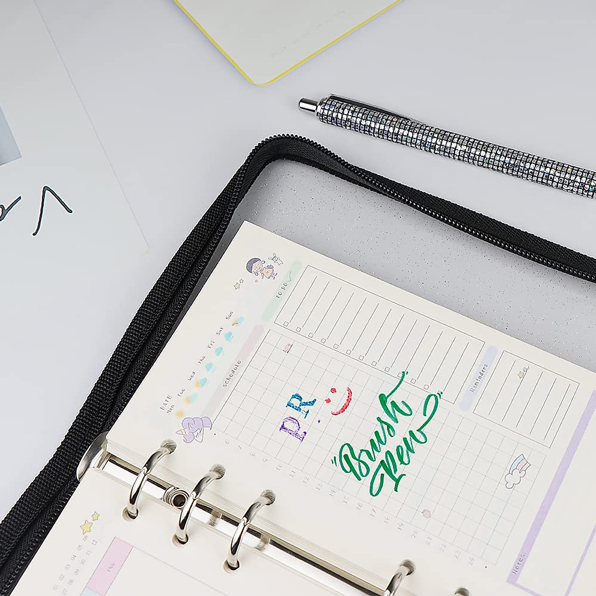 A6 Binder Cover Refillable 6 Ring Notebook Binder Clear Soft PVC Zipper Binders Folder for 6 Hole Filler Paper Personal File Organizer Planner(Black Zipper Closure)