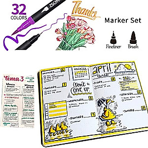 ZSCM 32 Colors Duo Tip Brush Markers Art Pen Set, Artist Fine and Brush Tip Colored Pens, for Kids Adult Coloring Books Christmas Cards Drawing, Note taking Lettering Calligraphy Bullet Journaling