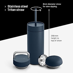 Fellow 16 oz Carter Bundle (3 in 1) Travel Mug with Carry Handle, Move & Cold Lids with Straw - To-Go Coffee Tumbler, Ceramic Interior & Vacuum-Insulated Stainless Steel - Coffee Cups-Stone Blue