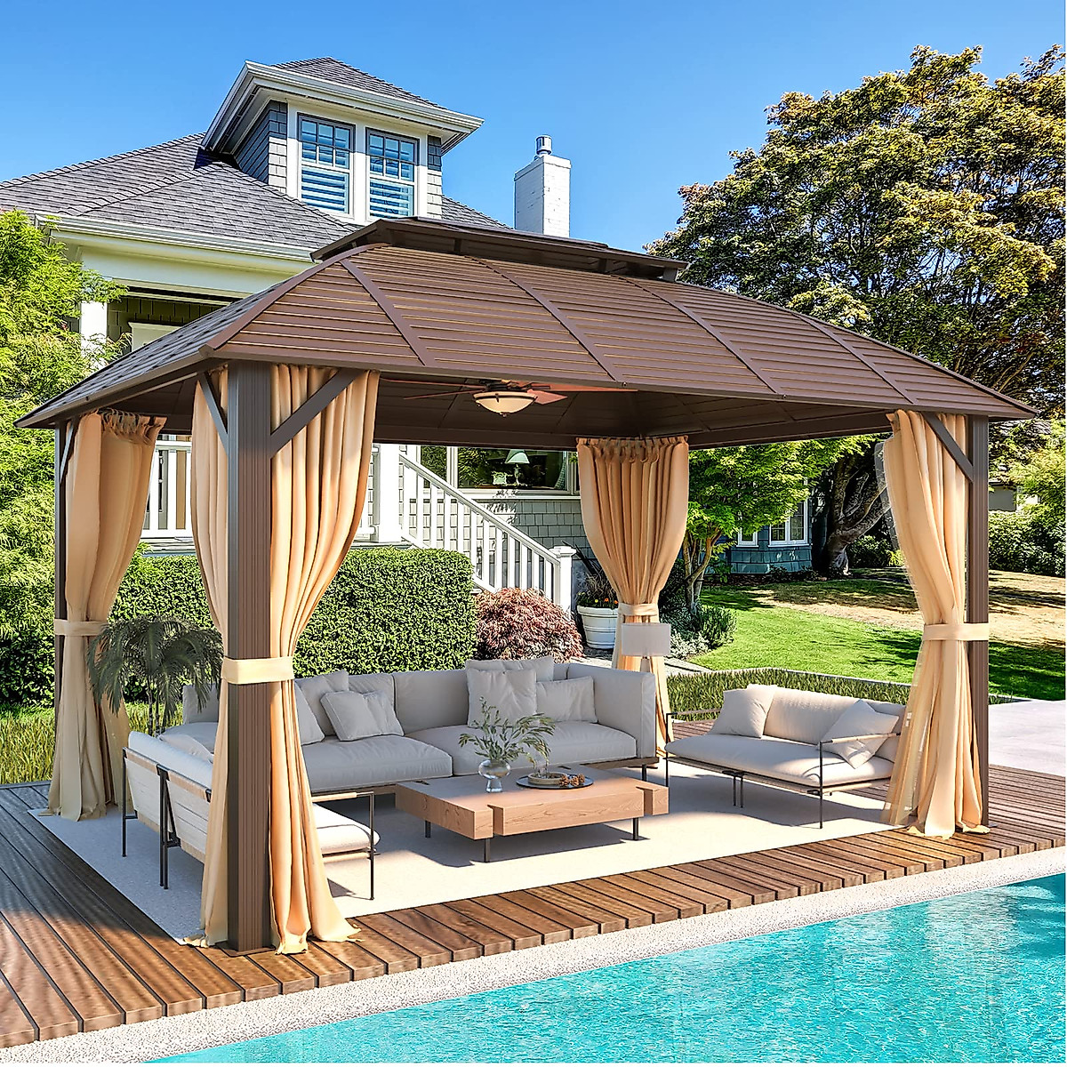 YOLENY 10'x13' Hardtop Gazebo with Galvanized Steel Arc Double Roof，Aluminum Frame Included, Outdoor Canopy Gazebos with Curtain&Netting, Sunshade for Gardens, Lawns, Deck