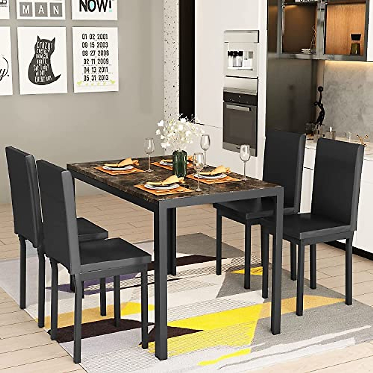 tantohom 5 Piece Faux Marble Dining Table Set- Space Saving Kitchen Table and Chairs for 4, Modern Style Table Set with 4 Leather Chairs and Perfect for Dining Room, Kitchen, Breakfast Corner