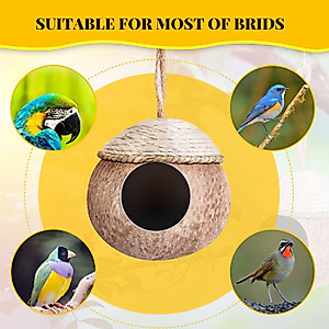 Suzile 3 Pcs Natural Coconut Bird Hide Nest Hut for Cage with Woven Straw Bird Parakeet Coconut Fiber Hanging Birdhouse Cage Habitats Decor for Parrot Cockatiel Lovebird Finch Squirrel Hamster