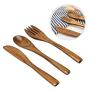 3 Pcs Wooden Knife Fork Spoon Set Heat Resistant Reusable Straight Handle Stylish Wooden Dinner Utensil Kit Durable Kitchen Utensil for Home Use