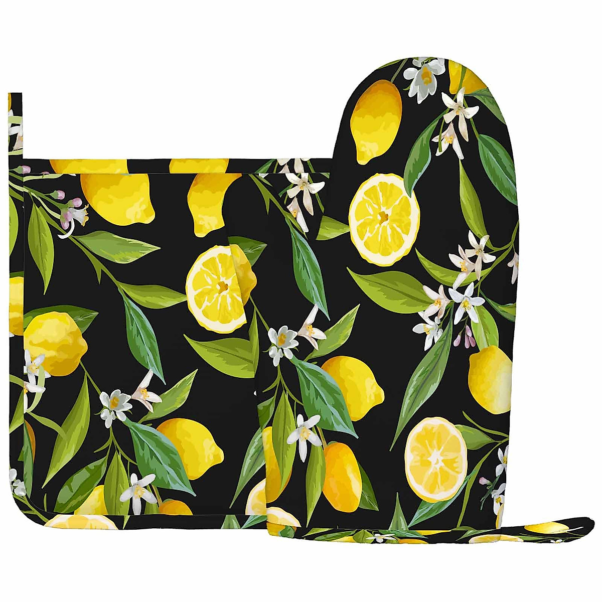 Mxocom Lemon Fruits Silicone Oven Mitts and Pot Holders Sets Flowers Leaves Lemons BBQ Gloves for Kitchen,Cooking,Baking,Grilling