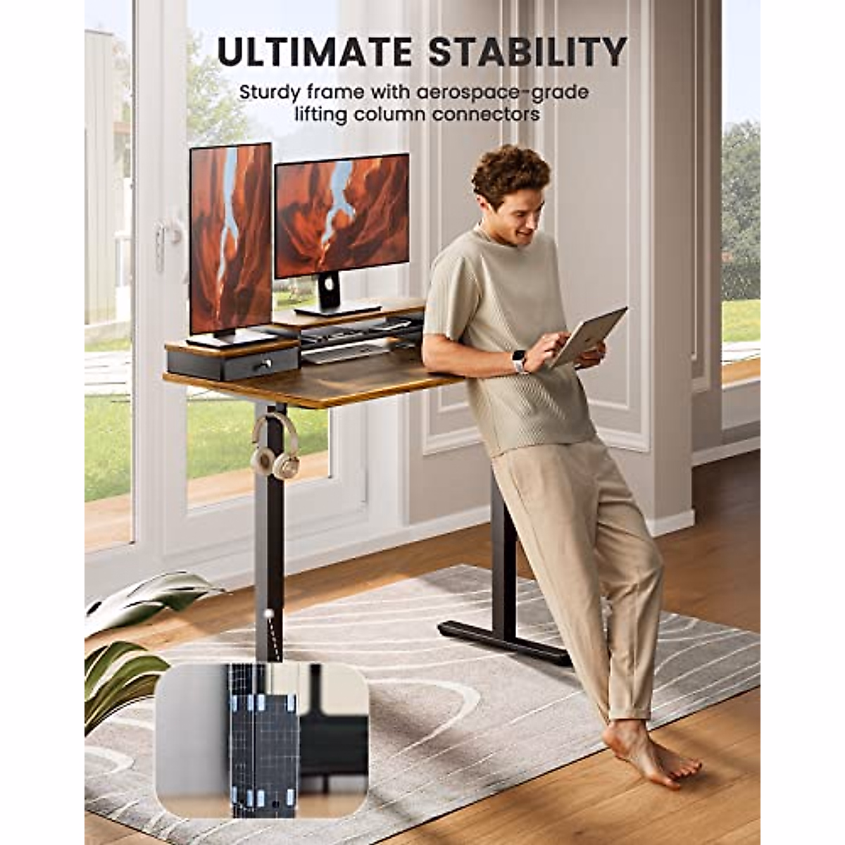 ErGear Electric Standing Desk with Double Drawers, 48x24 Inches Adjustable Height Sit Stand Up Desk, Home Office Desk Computer Workstation with Storage Shelf, Vintage Brown