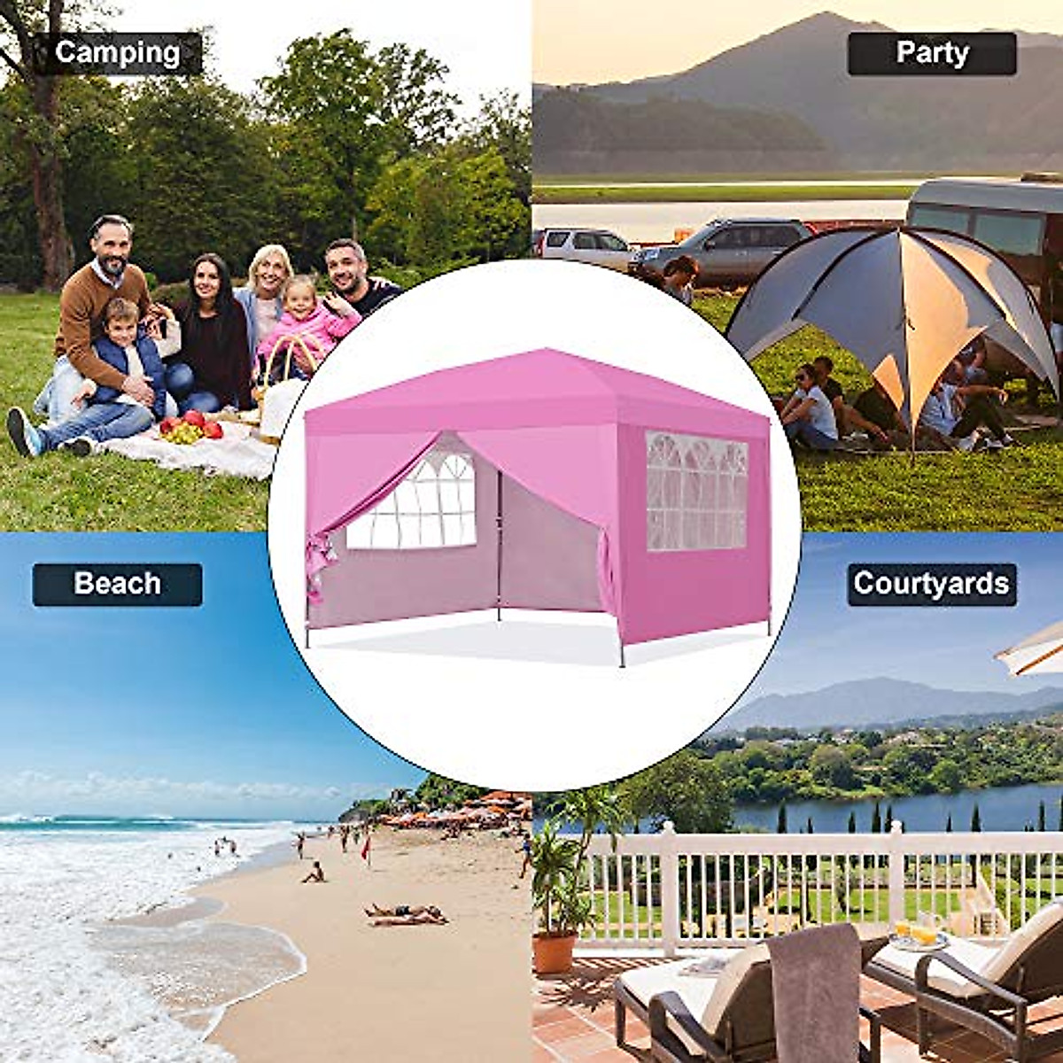 Saemoza Pop Up Canopy Tent, 10x10 Outdoor Commercial Instant Gazebo Tent with 4 Removable Sidewalls, Height Adjustable Portable Beach Canopy with Carry Bag (Pink)