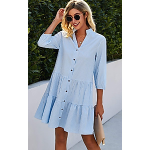 CCTOO Women’s Summer Dresses Casual V Neck Button Down 3/4 Sleeve Floral Print Loose Flowy Shirt Dress Blue Medium