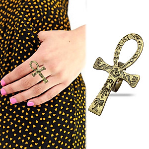 RechicGu Vintage Gold Egyptian Ancient Ankh Key of Life Cross Ring Cleopatra Adjustable Band Ankara Hieroglyphic Carved Symbol of Protection Amulet Jewelry