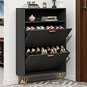 Auromie Tipping Bucket Shoe Storage Cabinet with 2 Flip Drawers, Modern Entryway Shoe Rack with Storage Top Cubby, Narrow Slim Hidden Organizer with Doors, Freestanding (Black)