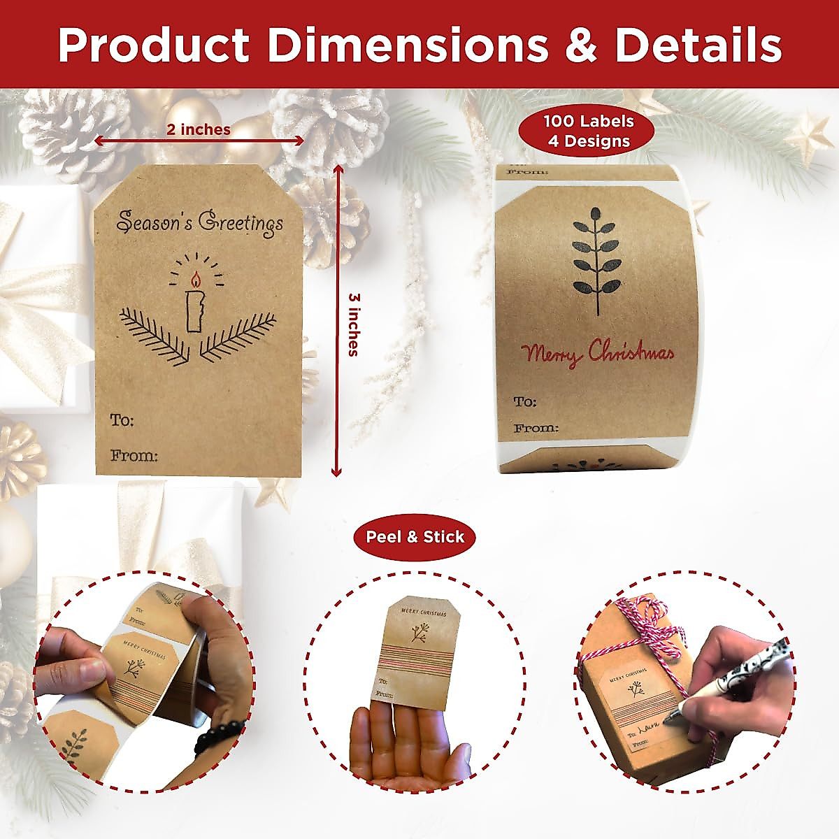 Boho Simple Christmas Gift Tag Adhesive Stickers – 2 x 3 Inch Labels, Roll of 100 with Minimalist Designs – Merry Christmas, Noel, and Candle, Made in The USA