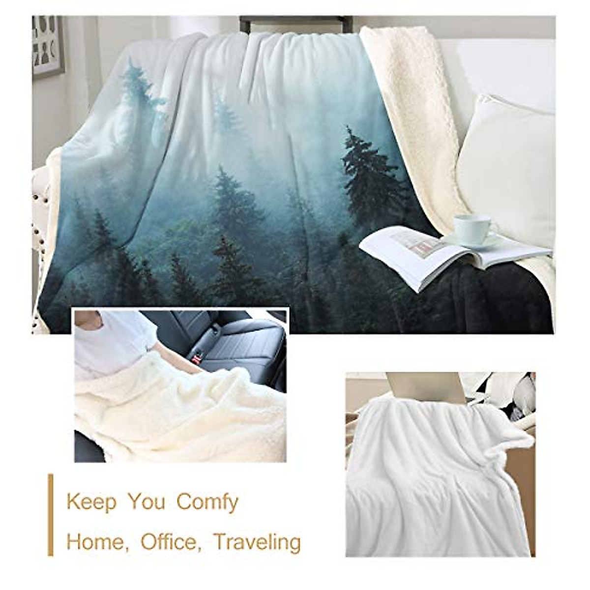 Sleepwish Pinecone Blanket Misty Landscape Sherpa Plush Fleece Throw Blanket for Couch, Sofa, Bed, Couch, Office Lap Hipster Tree Vintage Lightweight Blankets Throw(50"x60")