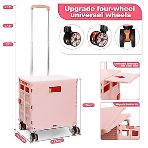 Foldable Utility Cart Collapsible Portable Tool Cart with Wheels Tote Basket,176LBS Load Capacity,Magnetic Lid Telescopic Cover with 360° Wheels Telescoping Handle for Grocery Laundry Luggage,Pink