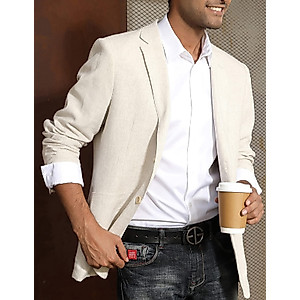 Mens Sport Coat Slim Fit Casual Jackets Two Button Linen Blazer Business Khaki XXL