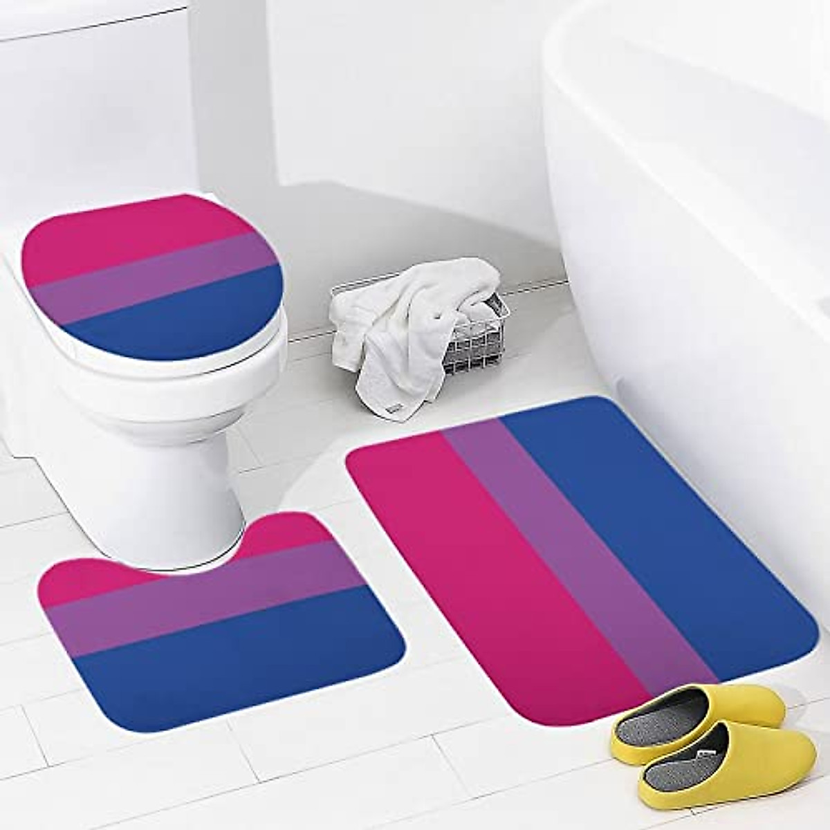 DamTma 3 Piece Bath Rugs Sets Bisexual Pride Non Slip Bathroom Carpet Water Absorbent Bathroom Rugs U-Shaped Toilet Mat Toilet Lid Cover LGBTQIA+ Bathroom Sets