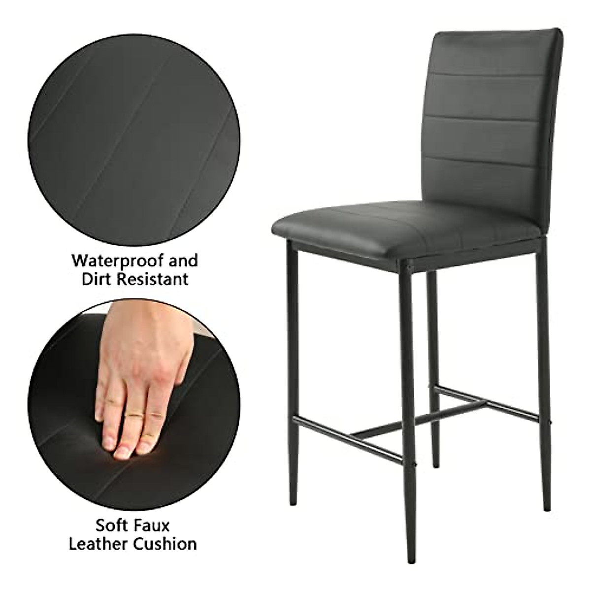 Modern Leather Bar Stools Set of 4 - Counter Height Industrial Bar Stools for Kitchen Island - High Dining Room Chairs with Soft Back Patio Furniture Chairs for Home Garden Pub Bar Backyard (Black)