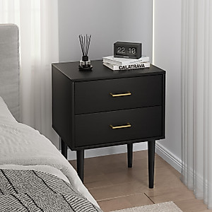 Smart FENDE Night Stand, Black Nightstand with 2 Drawers, 26" Tall Modern Bedside Table, Mid Century Modern End Table, Wood Night Stand with Solid Wood Leg for Bedroom