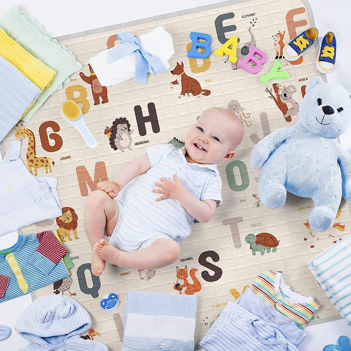 Funtery 43 x 43 Inch Boho Rainbow Baby Play Mat Portable Crawling Washable Foldable Tummy Time Non Slip Baby Floor Large Playpen Mat for Infants Toddlers Floor Playpen Activity(Woodland Animal)