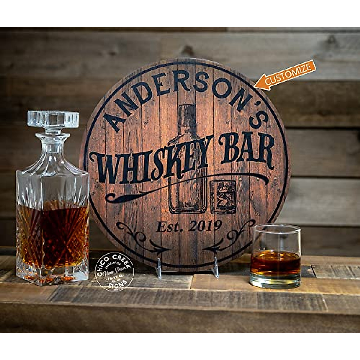Personalized Whiskey Bar Sign 10" 14" 18" Round Wood Sign Bourbon Bar Accessories Bar Decor Gift B3-00140051001