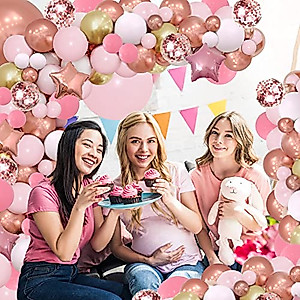 JULLIZ 144Pcs Rose Gold Pink Balloon Garland Arch Kit, Metallic Rose Chrome Gold Balloons for Birthday Wedding Party Bridal Shower Anniversary Decorations with Shiny Star Mylar Balloons