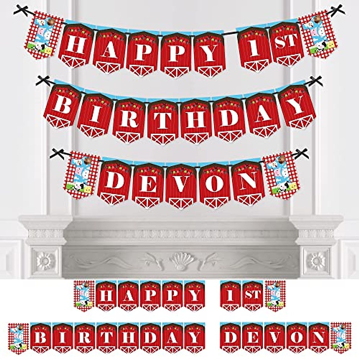 Big Dot of Happiness Personalized 1st Birthday Farm Animals - Custom Barnyard First Birthday Party Bunting Banner and Decorations - Happy 1st Birthday Custom Name Banner