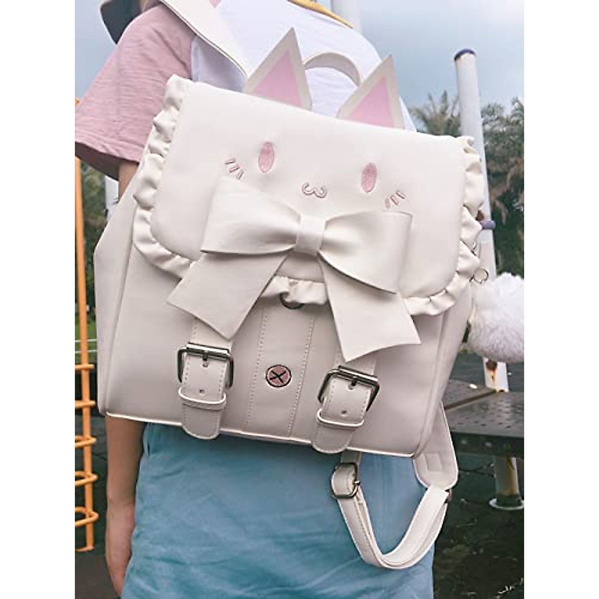 Aiyinuo Lolita Casual Backpack Kawaii Cartoon Cat Embroidery Travel Mochila Big Bowknot Sweet Daypack Schoolbag Campus Bookbag College Bag (White)