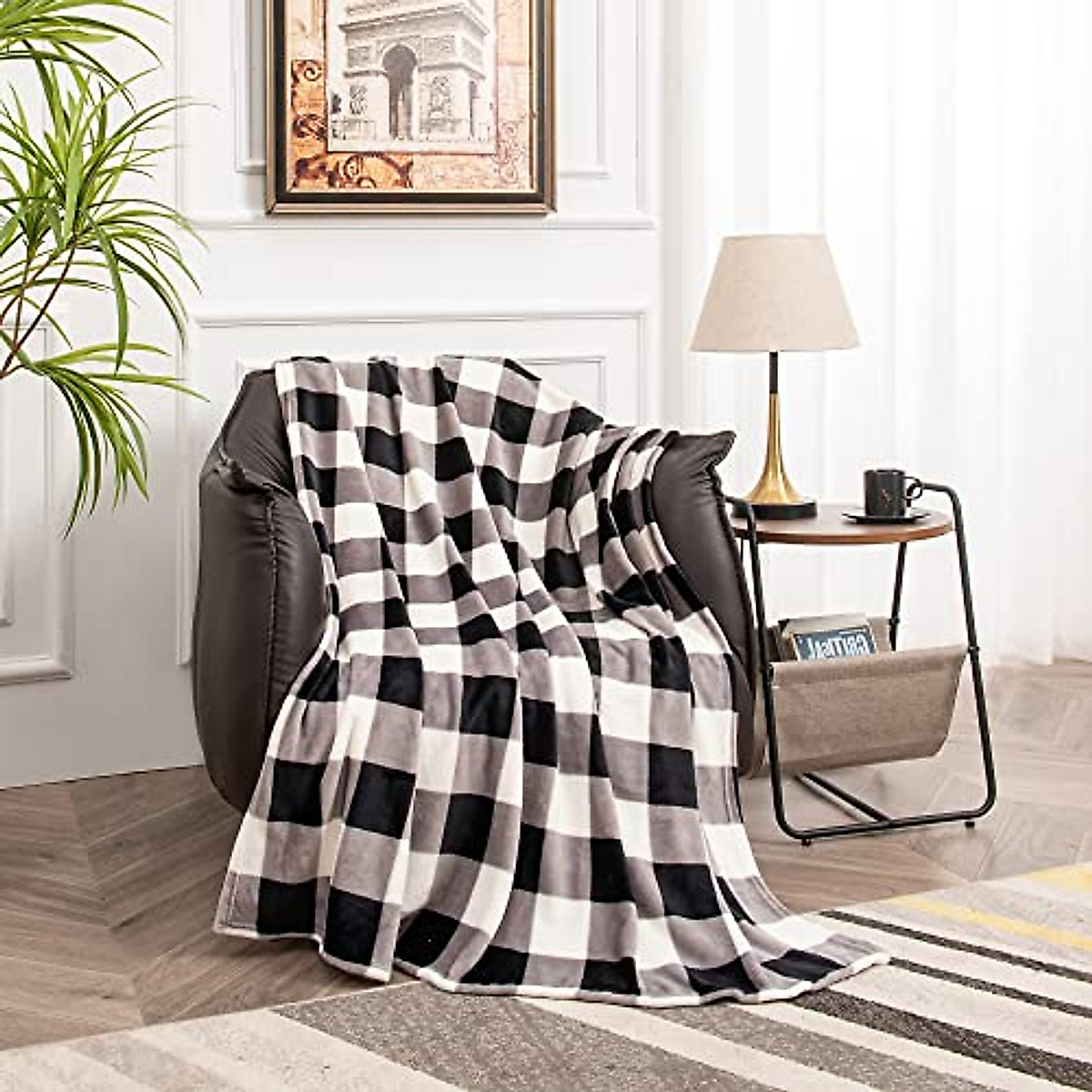 FFLMYUHUL I U Ultra Super Soft Lightweight Throw Blanket Cozy Cabin Geometric Plaid Blanket for Bed Couch Warm Fuzzy Blanket 50'' X 60'' Black-and-White Check …