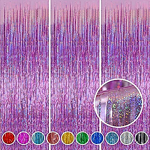 Foil Fringe Curtains Party Decorations - Melsan 3 Pack 3.2 x 8.2 ft Tinsel Curtain Party Photo Backdrop for Birthday Party Baby Shower or Graduation Decorations Pinkish Purple
