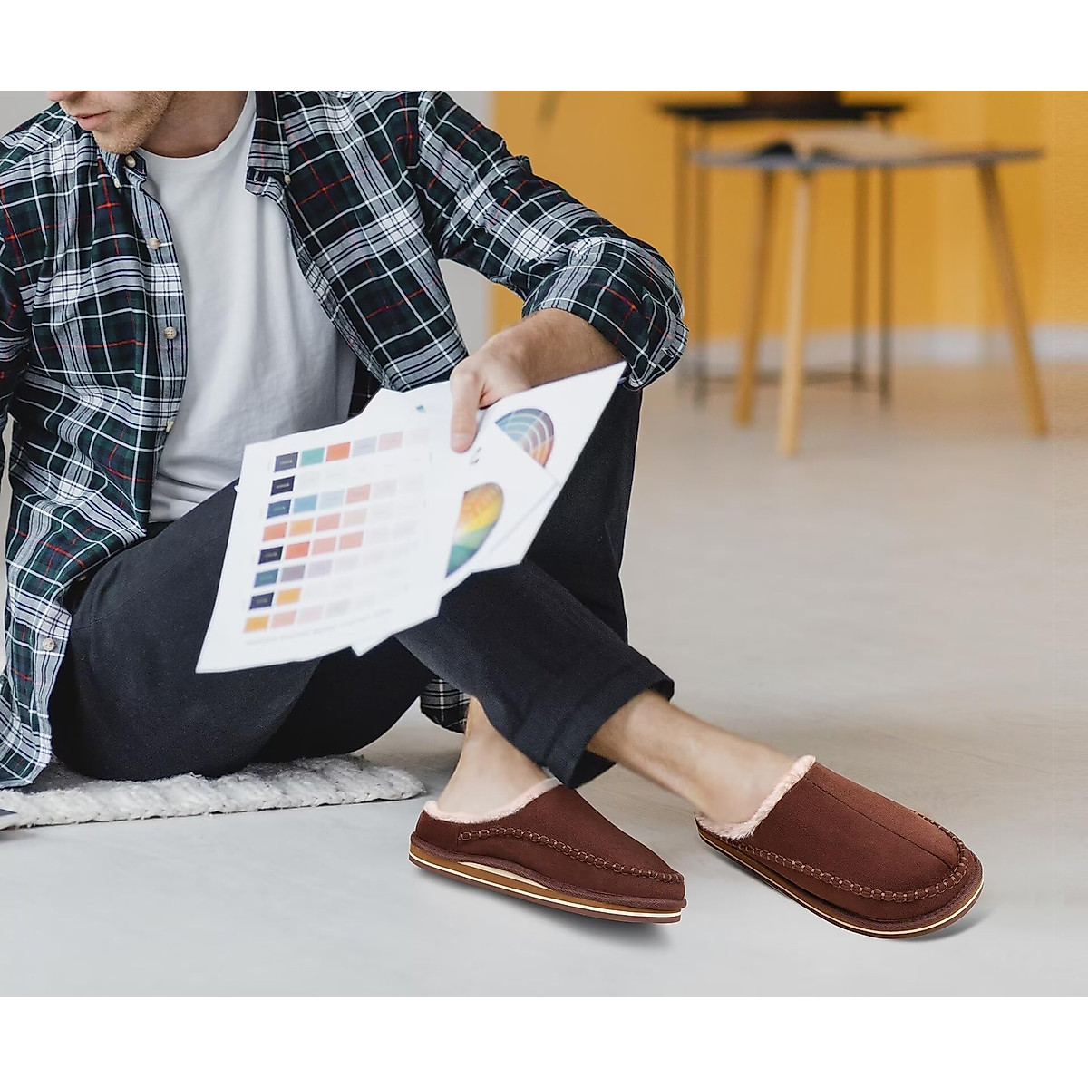 KuaiLu Mens Slippers with Orthotic Arch Support Suede Faux Fur Fluff Plush Wool-like Warm House Shoes Comfortable Slip-on Bedroom Indoor Outdoor Clogs Slippers for Man, Size Brown 11