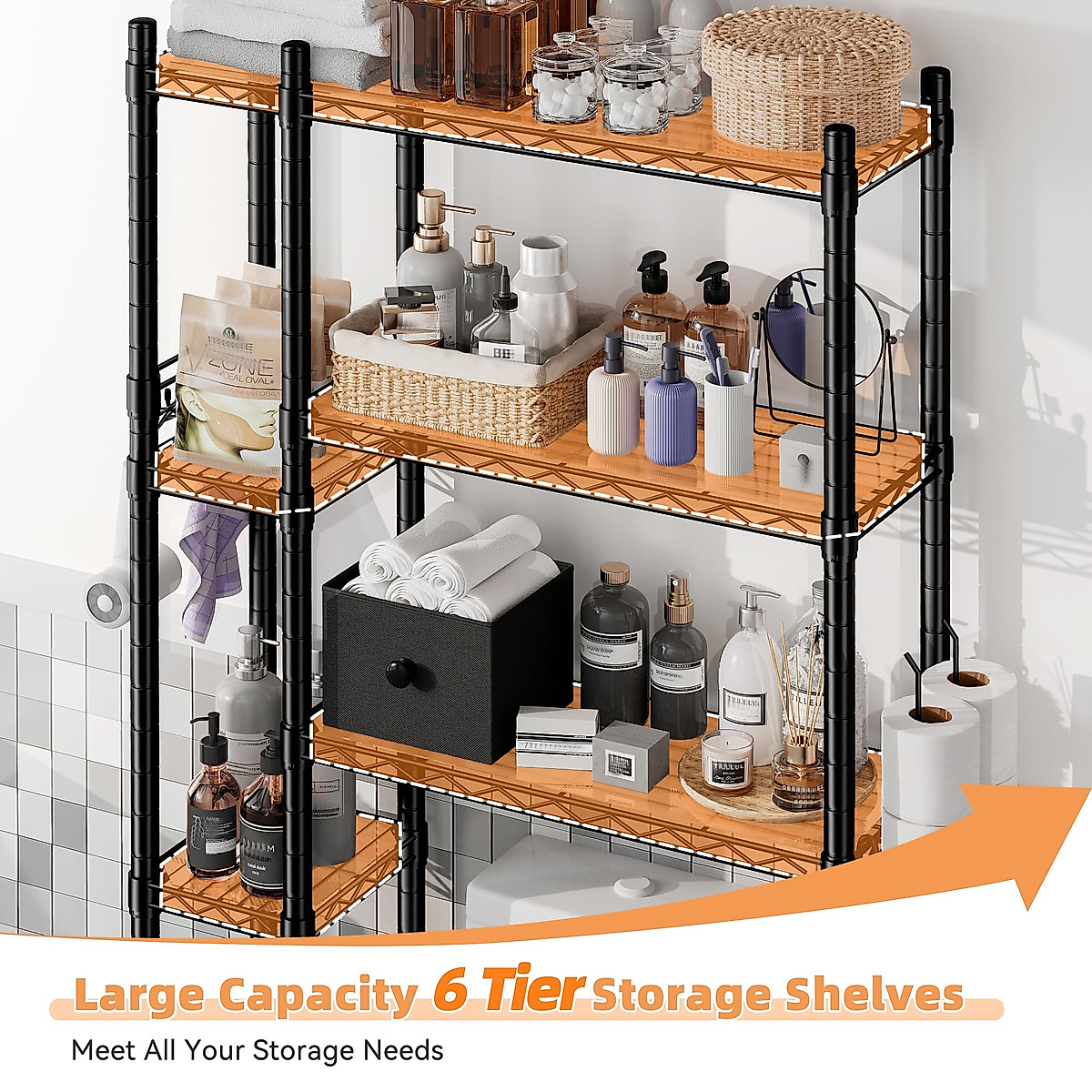 REIBII Over The Toilet Storage Cabinet, 6 Tier Over The Toilet Shelf with Adjustable Feet, Bathroom Over Toilet Storage with 4 Hooks & 2 Paper Holders, Black