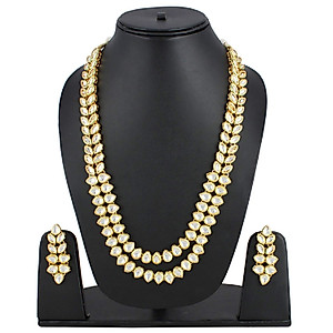 Aheli Fancy Party Wear Long Kundan Necklace With Drop Earring Set Ethnic Traditional Indian Bollywood Stylish Fashion Jewelry Gift for Women Girls White