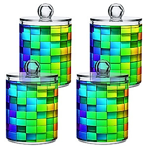 ALAZA Colorful Boxes Rainbow 2 Pack Qtip Holder Dispenser 14 Oz Clear Plastic Apothecary Jar Containers Jars Bathroom for Cotton Swab, Ball, Pads, Floss, Vanity Makeup Organizer