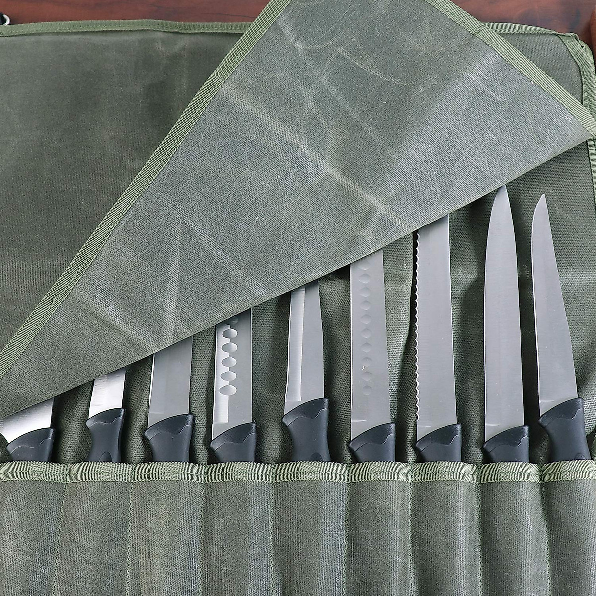 Waterproof Waxed Canvas Chef’s Knife Roll Bag With 11 Slots for Kitchen Knife Tools Up To 18.8”/Portable Chef Knife Cases(Army Green)