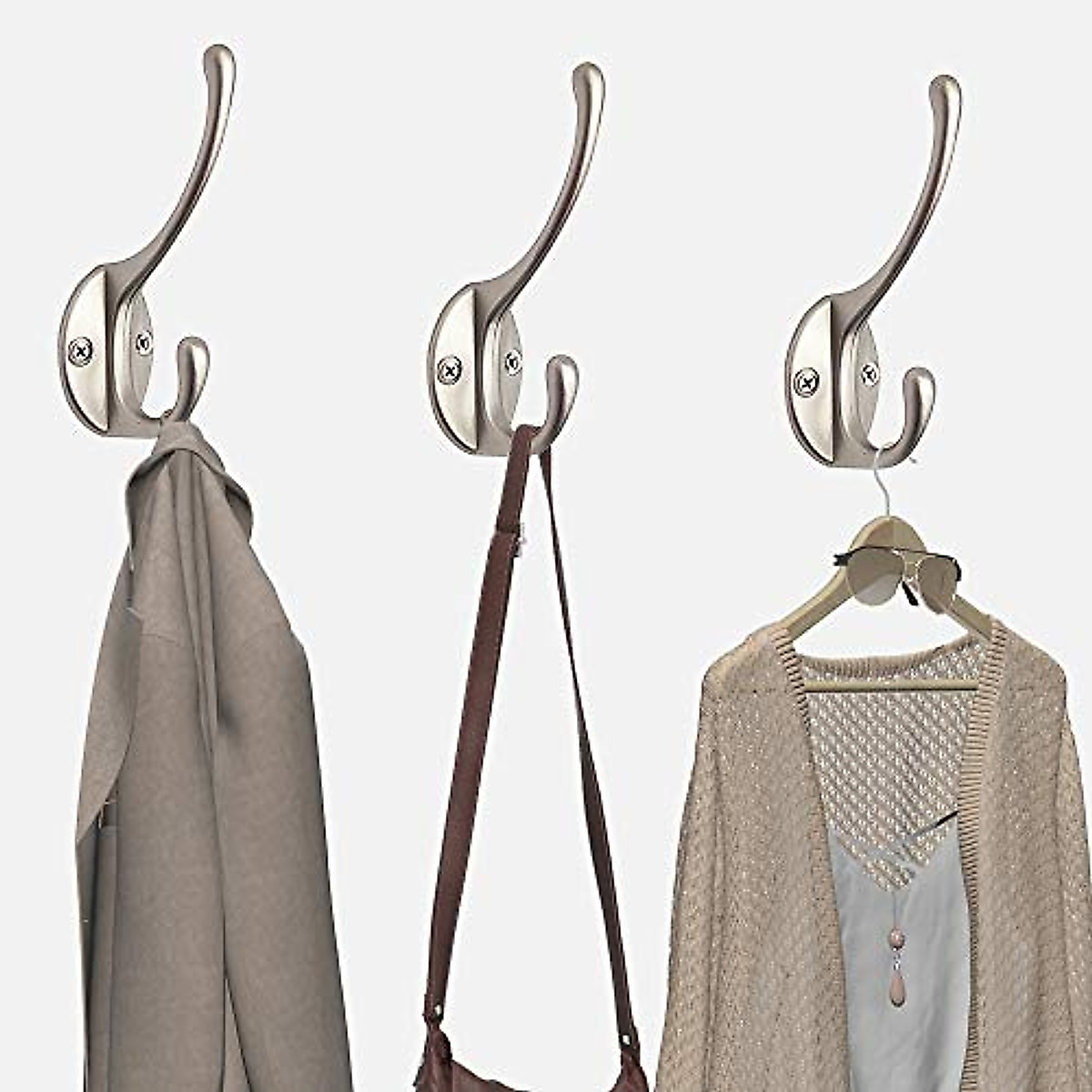 IBosins 10 Pack Heavy Duty Dual Coat Hooks Wall Mounted with 40 Screws Retro Double Hooks Utility Silvery Hooks for Coat, Scarf, Bag, Towel, Key, Cap, Cup, Hat (Silvery)