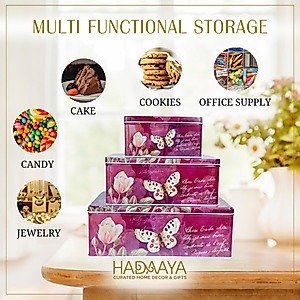 hadaaya Pack of 3 Rectangle Cookie Tins With Lids Multipurpose Tin Container for Cookies,Candies, Kitchen Storage, Stationery - BURGUNDY FLORAL BUTTERFLY